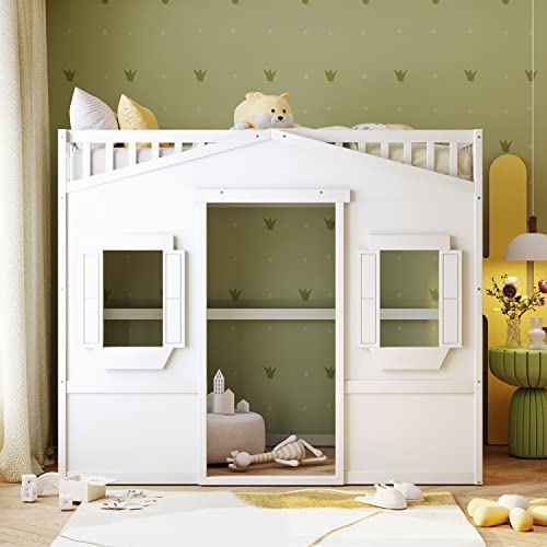 Bellemave House Loft Bed Twin Beds Solid Wood Frame with Window and Wall Fun Playhouse Ladder for Kids Boys Girls Teens, Size, White