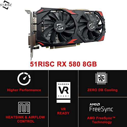 51RISC Radeon RX 580 8GB Graphics Card, GDDR5 256bit 2048SP VR Ready DisplayPort HDMI DVI-D Video Card for Gaming (RX 580 8GB)