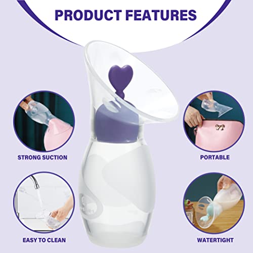 Amplim Gen-2 Silicone Breast Milk Collector | 1-Pack Food Grade Travel Manual Breast Pump with Breastfeeding Milk Saver Stopper | FSA HSA Eligible, BPA PVC Lead Phthalate Free | 4oz/100ml Purple