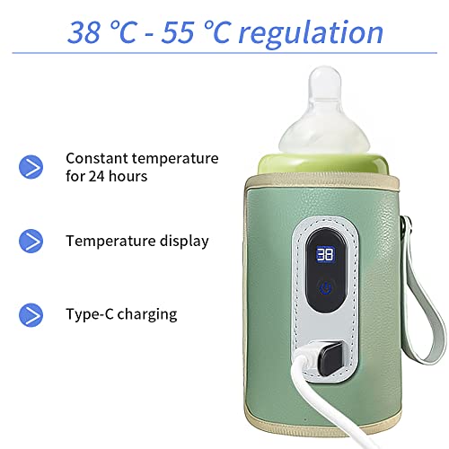 Portable Bottle Warmer for Travel, Portable Bottle Warmer for Breastmilk with LCD Display, Baby Bottle Warmer for Baby Milk, Thermostatic Bottle Cover for Home, Outside, Car (Green)