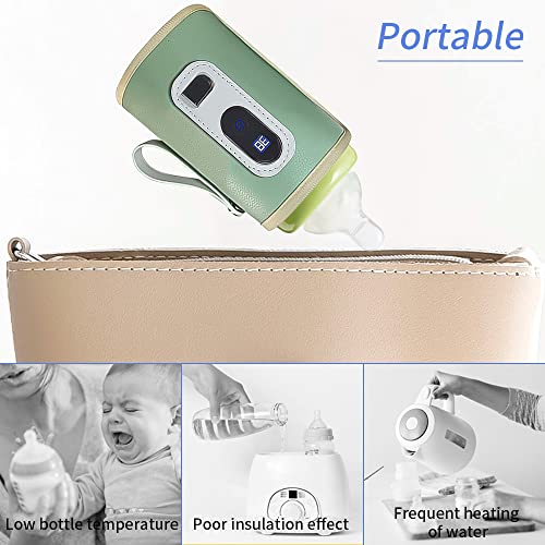 Portable Bottle Warmer for Travel, Portable Bottle Warmer for Breastmilk with LCD Display, Baby Bottle Warmer for Baby Milk, Thermostatic Bottle Cover for Home, Outside, Car (Green)