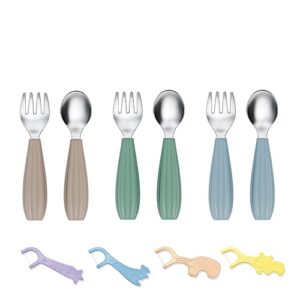 hippywell toddler utensils, toddler forks and spoons set, kids silverware set with silicone anti-choke handle, self-feeding toddler utensils, children safe flatware, natural/green/blue