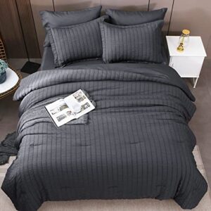 hymokege queen comforter set seersucker 7 pieces, all season luxury bed in a bag for bedroom, bedding set with comforters, sheets, pillowcases & shams, dark grey