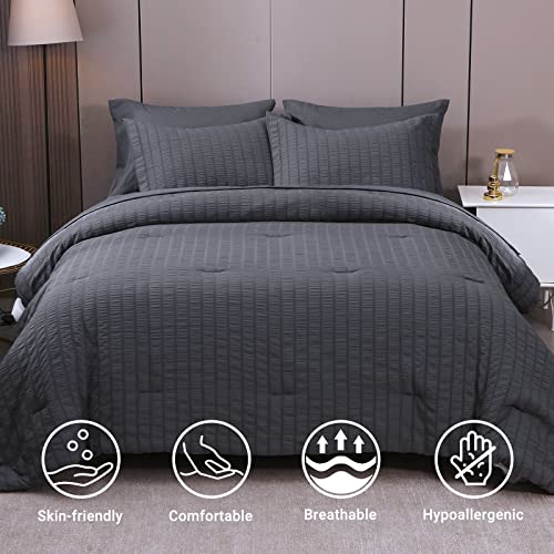 HYMOKEGE Queen Comforter Set Seersucker 7 Pieces, All Season Luxury Bed in a Bag for Bedroom, Bedding Set with Comforters, Sheets, Pillowcases & Shams, Dark Grey