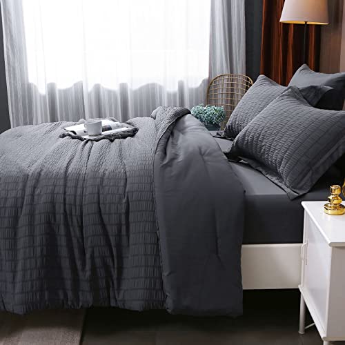 HYMOKEGE Queen Comforter Set Seersucker 7 Pieces, All Season Luxury Bed in a Bag for Bedroom, Bedding Set with Comforters, Sheets, Pillowcases & Shams, Dark Grey