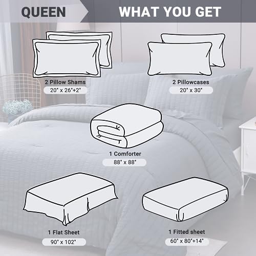 HYMOKEGE Queen Comforter Set Seersucker 7 Pieces, All Season Luxury Bed in a Bag for Bedroom, Bedding Set with Comforters, Sheets, Pillowcases & Shams, Dark Grey