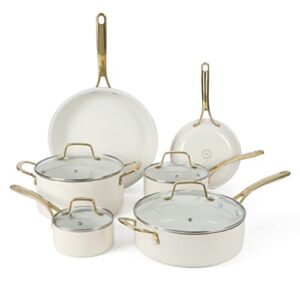 martha stewart lockton premium nonstick pfa free ceramic interior 10 piece heavy gauge enamel aluminum pots and pans cookware set - linen white w/gold handle