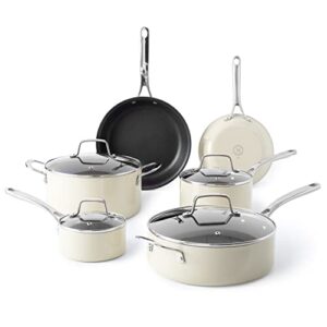 martha stewart lockton premium nonstick 10 piece enamel heavy gauge aluminum pots and pans cookware set - linen white