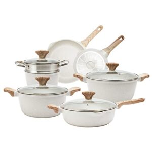 country kitchen nonstick induction cookware sets - 11 piece nonstick cast aluminum pots and pans with bakelite handles - induction pots and pans with glass lids -cream