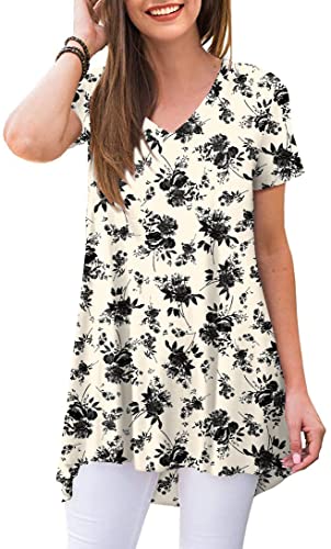 POPYOUNG Women's Summer Casual Short Sleeve Tunic Tops to Wear with Leggings V-Neck T-Shirt Loose Blouse L, Ink Rose