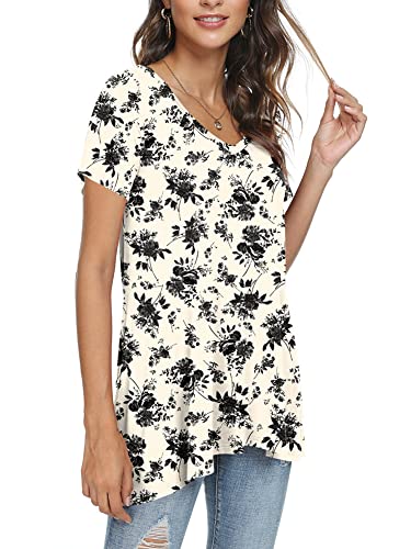 POPYOUNG Women's Summer Casual Short Sleeve Tunic Tops to Wear with Leggings V-Neck T-Shirt Loose Blouse L, Ink Rose