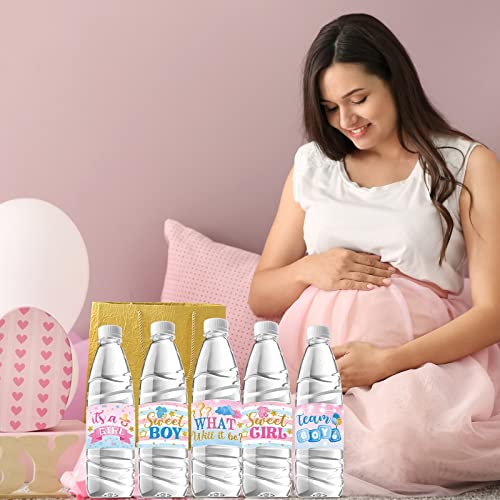 39 Pieces Baby Gender Reveal Water Bottle Labels Gender Reveal Party Favors Baby Shower Water Bottle Stickers Wrappers Waterproof He or She Baby Shower Labels for Baby Gender Reveal Party Decoration