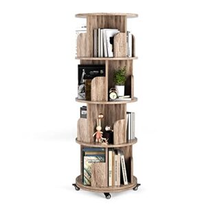 nidouillet rotating bookshelf, 4 tier revolving bookcase with brake wheels 360° display round bookshelf narrow swivel corner book shelf standing bookcase adult bedroom, living room - oak grey