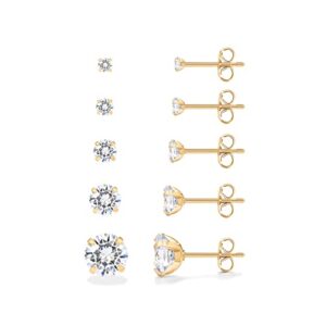 pavoi 14k gold plated, 5 pairs small gold earrings set | mini cubic zirconia stud pack for women men 3mm 4mm 5mm 6mm 8mm (yellow gold)