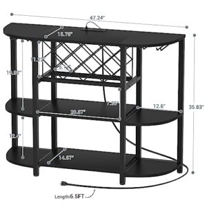 Unikito 4-Tier Metal Coffee Bar Cabinet with Outlet and LED Light, Freestanding Floor Bar Table for Liquor with Glass Holder and Wine Storage, Wine Table Bakers‘ Rack for Kitchen Dining Room, Black