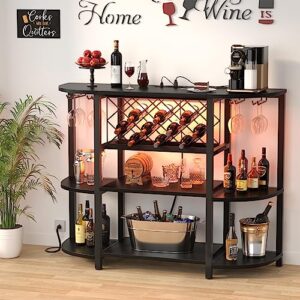 Unikito 4-Tier Metal Coffee Bar Cabinet with Outlet and LED Light, Freestanding Floor Bar Table for Liquor with Glass Holder and Wine Storage, Wine Table Bakers‘ Rack for Kitchen Dining Room, Black