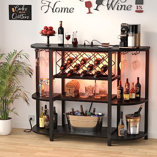 Unikito 4-Tier Metal Coffee Bar Cabinet with Outlet and LED Light, Freestanding Floor Bar Table for Liquor with Glass Holder and Wine Storage, Wine Table Bakers‘ Rack for Kitchen Dining Room, Black