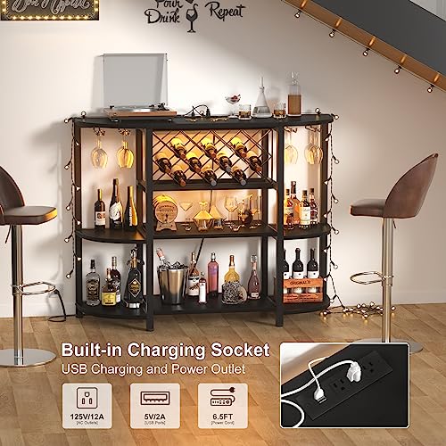 Unikito 4-Tier Metal Coffee Bar Cabinet with Outlet and LED Light, Freestanding Floor Bar Table for Liquor with Glass Holder and Wine Storage, Wine Table Bakers‘ Rack for Kitchen Dining Room, Black