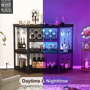 Unikito 4-Tier Metal Coffee Bar Cabinet with Outlet and LED Light, Freestanding Floor Bar Table for Liquor with Glass Holder and Wine Storage, Wine Table Bakers‘ Rack for Kitchen Dining Room, Black