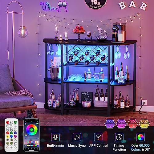 Unikito 4-Tier Metal Coffee Bar Cabinet with Outlet and LED Light, Freestanding Floor Bar Table for Liquor with Glass Holder and Wine Storage, Wine Table Bakers‘ Rack for Kitchen Dining Room, Black