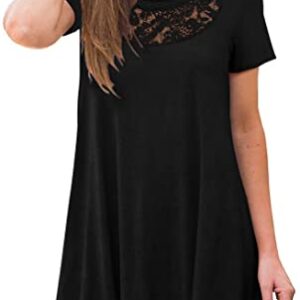 POPYOUNG Women's Summer Short Sleeve T-Shirt Casual Lace Neck Tunic Tops for Leggings Loose Blouse XL, Black