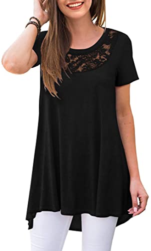 POPYOUNG Women's Summer Short Sleeve T-Shirt Casual Lace Neck Tunic Tops for Leggings Loose Blouse XL, Black