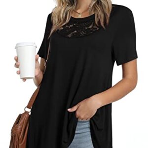 POPYOUNG Women's Summer Short Sleeve T-Shirt Casual Lace Neck Tunic Tops for Leggings Loose Blouse XL, Black