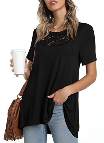 POPYOUNG Women's Summer Short Sleeve T-Shirt Casual Lace Neck Tunic Tops for Leggings Loose Blouse XL, Black