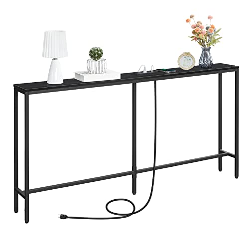 MAHANCRIS Console Table with Power Outlet, 63" Narrow Sofa Table, Industrial Entryway Table with USB Ports, Behind Couch Table for Entryway, Hallway, Foyer, Living Room, Bedroom, Black CTHB16E01