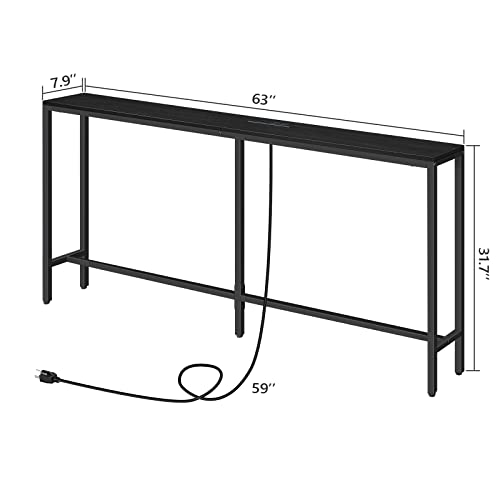 MAHANCRIS Console Table with Power Outlet, 63" Narrow Sofa Table, Industrial Entryway Table with USB Ports, Behind Couch Table for Entryway, Hallway, Foyer, Living Room, Bedroom, Black CTHB16E01