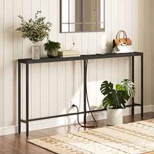 MAHANCRIS Console Table with Power Outlet, 63" Narrow Sofa Table, Industrial Entryway Table with USB Ports, Behind Couch Table for Entryway, Hallway, Foyer, Living Room, Bedroom, Black CTHB16E01