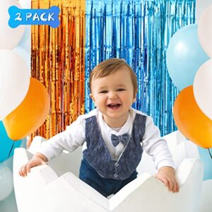 LOLStar Blue Dog Foil Fringe Curtains, Blue Dog Birthday Party Supplies, 2 Packs of 3.3x6.6 ft Orange Blue and Light Blue Tinsel Photo Booth Prop, Streamer Backdrop for Blue Dog Theme Party Decoration