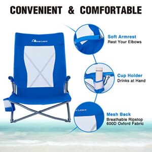 MOON LENCE 2 Pack Low Beach Lawn Lounge Chair, Outdoor Camping Chairs for Adults Folding, Portable, Comfortable with Arm Cushions, Cup Holder & Carry Bag(Blue)