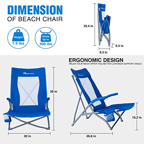 MOON LENCE 2 Pack Low Beach Lawn Lounge Chair, Outdoor Camping Chairs for Adults Folding, Portable, Comfortable with Arm Cushions, Cup Holder & Carry Bag(Blue)