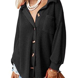 Dokotoo Womens V Neck Waffle Knit Tunic Blouse, Long Sleeve, Button Up, Loose Fit, Solid Color - Medium, Black (Spring Fashion 2023)