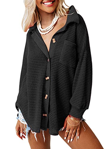 Dokotoo Womens V Neck Waffle Knit Tunic Blouse, Long Sleeve, Button Up, Loose Fit, Solid Color - Medium, Black (Spring Fashion 2023)