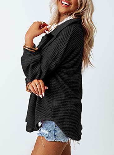 Dokotoo Womens V Neck Waffle Knit Tunic Blouse, Long Sleeve, Button Up, Loose Fit, Solid Color - Medium, Black (Spring Fashion 2023)