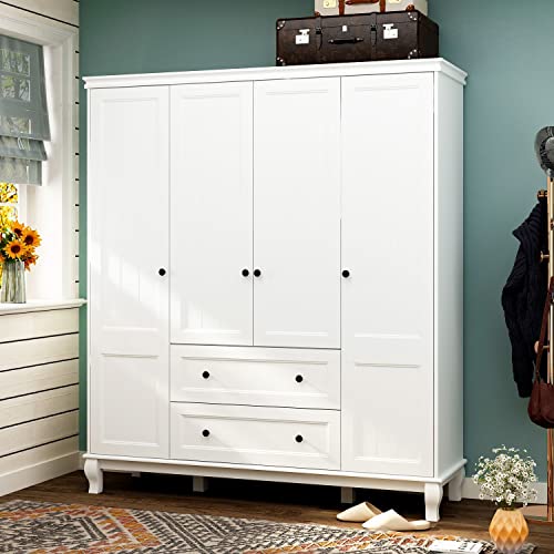 DiDuGo Modern Bedroom Armoire 4 Door Wardrobe, Armoire Wardrobe Closet with Drawers & Shelves and Doors, Hanging Rod, Armoire Closet for Bedroom White (63”W x 18.9”D x 71.3”H)