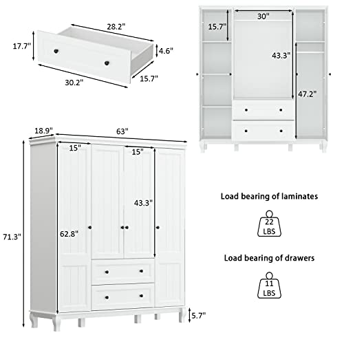 DiDuGo Modern Bedroom Armoire 4 Door Wardrobe, Armoire Wardrobe Closet with Drawers & Shelves and Doors, Hanging Rod, Armoire Closet for Bedroom White (63”W x 18.9”D x 71.3”H)