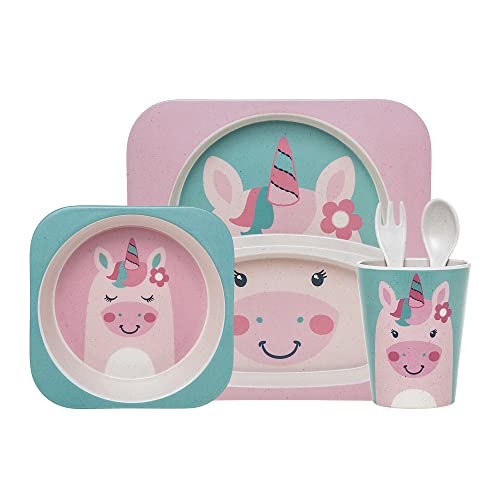 Little Me 5-Pack Bamboo Dinnerware Set - Dishwasher Safe Kids Dishes & Utensils - Unicorn Plate, Bowl, Cup, Spoon & Fork