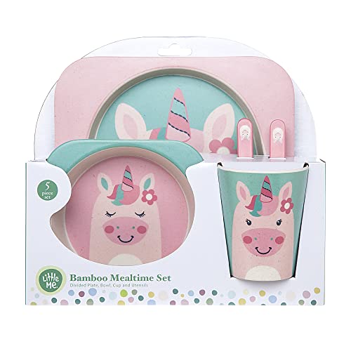 Little Me 5-Pack Bamboo Dinnerware Set - Dishwasher Safe Kids Dishes & Utensils - Unicorn Plate, Bowl, Cup, Spoon & Fork