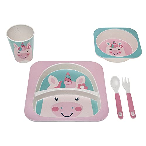 Little Me 5-Pack Bamboo Dinnerware Set - Dishwasher Safe Kids Dishes & Utensils - Unicorn Plate, Bowl, Cup, Spoon & Fork