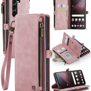 Defencase for Samsung Galaxy S23 Case, Galaxy S23 Case Wallet for Women Men with Card Holder, Durable PU Leather Magnetic Flip Strap Zipper Wallet Phone Case for Samsung S23 5G 6.1", Elegant Rose Pink