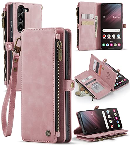 Defencase for Samsung Galaxy S23 Case, Galaxy S23 Case Wallet for Women Men with Card Holder, Durable PU Leather Magnetic Flip Strap Zipper Wallet Phone Case for Samsung S23 5G 6.1", Elegant Rose Pink