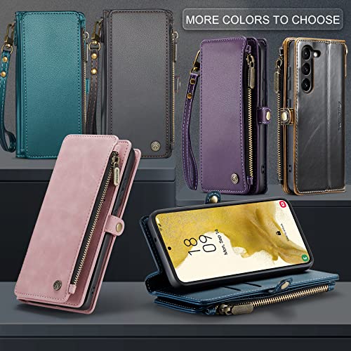 Defencase for Samsung Galaxy S23 Case, Galaxy S23 Case Wallet for Women Men with Card Holder, Durable PU Leather Magnetic Flip Strap Zipper Wallet Phone Case for Samsung S23 5G 6.1", Elegant Rose Pink