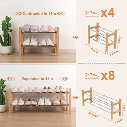 Nroech Expandable Shoe Rack Storage Organizer-Adjustable 2 Tier Wood and Metal Shoe Shelf Heavy Duty Free Standing Shoe Rack for Closet Bedroom Entryway (Natural)