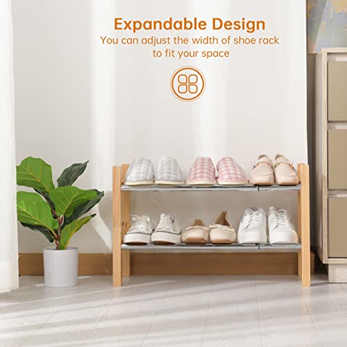 Nroech Expandable Shoe Rack Storage Organizer-Adjustable 2 Tier Wood and Metal Shoe Shelf Heavy Duty Free Standing Shoe Rack for Closet Bedroom Entryway (Natural)