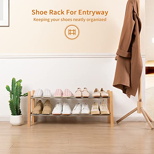 Nroech Expandable Shoe Rack Storage Organizer-Adjustable 2 Tier Wood and Metal Shoe Shelf Heavy Duty Free Standing Shoe Rack for Closet Bedroom Entryway (Natural)