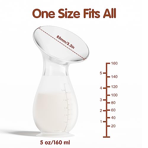 NCVI Silicone Breast Pump, Milk Collector with Suction Base, Dust Proof Cap and Stopper, Food Grade Silicone Milk Saver, BPA Free, Manual Breast Pump for Breastfeeding, 5oz/160ml