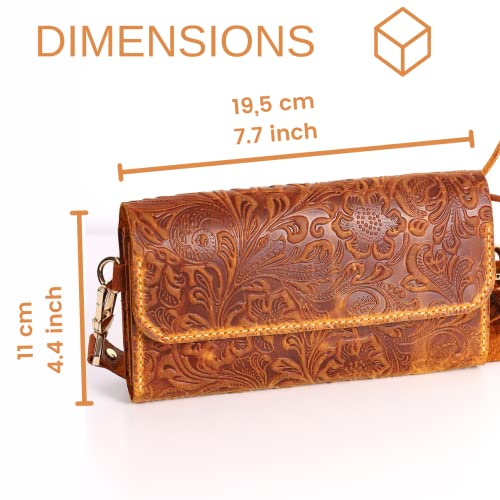 Handmade Small Crossbody Shoulder Bag for Women, Cellphone Bags Adjustable Strap, Leather Card Holder Wallet Purse and Handbags With Zipper Coin Clutch for Teen Girls Bags (Carved Camel)